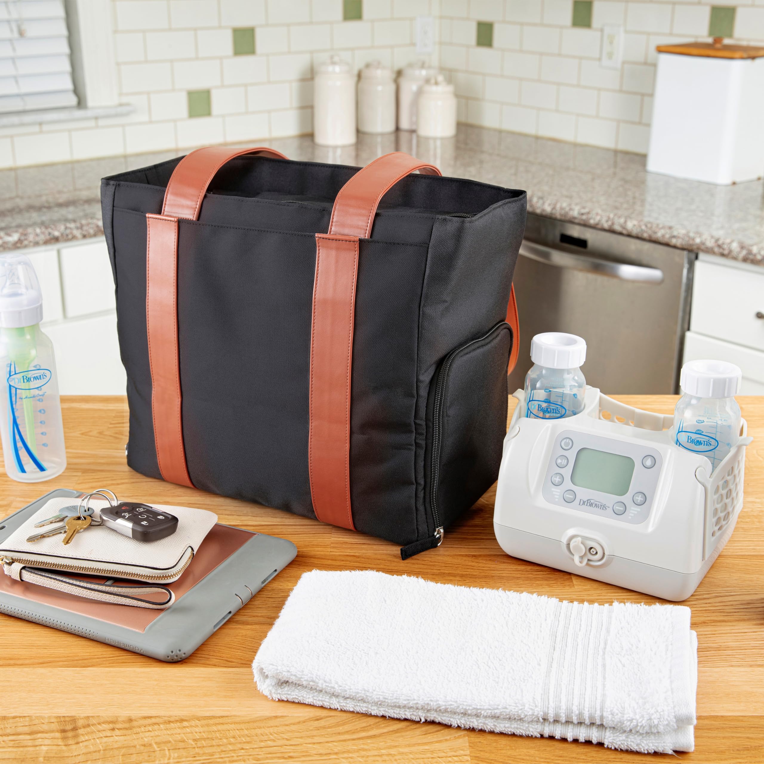 Dr. Brown's Breast Pump Carryall Storage Diaper and Tote Bag - Heather Gray and Black