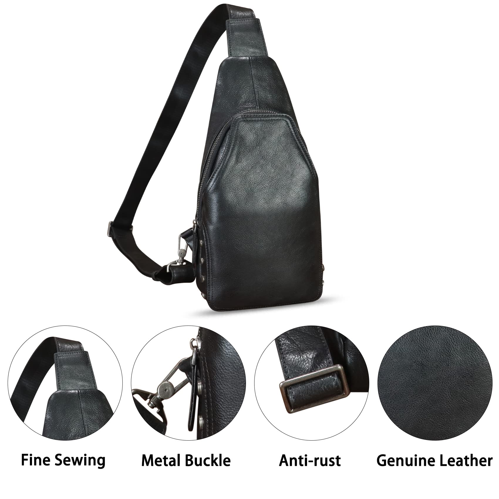 FEIGITOR Genuine Leather Sling Bag Retro Crossbody Sling Backpack Handmade Chest Shoulder Daypack Purse Fanny Pack (Black)