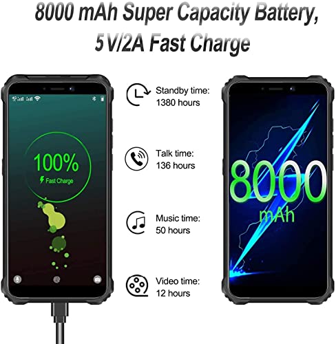 OUKITEL WP5 Rugged Cell Phones, 8000mAh Battery IP68 Waterproof Android 10 Rugged Smartphone, Triple Camera 4GB+32GB 5.5" HD+ Screen Face ID Fingerprint Dual Sim 4 LED Flashlight GSM 4G Black