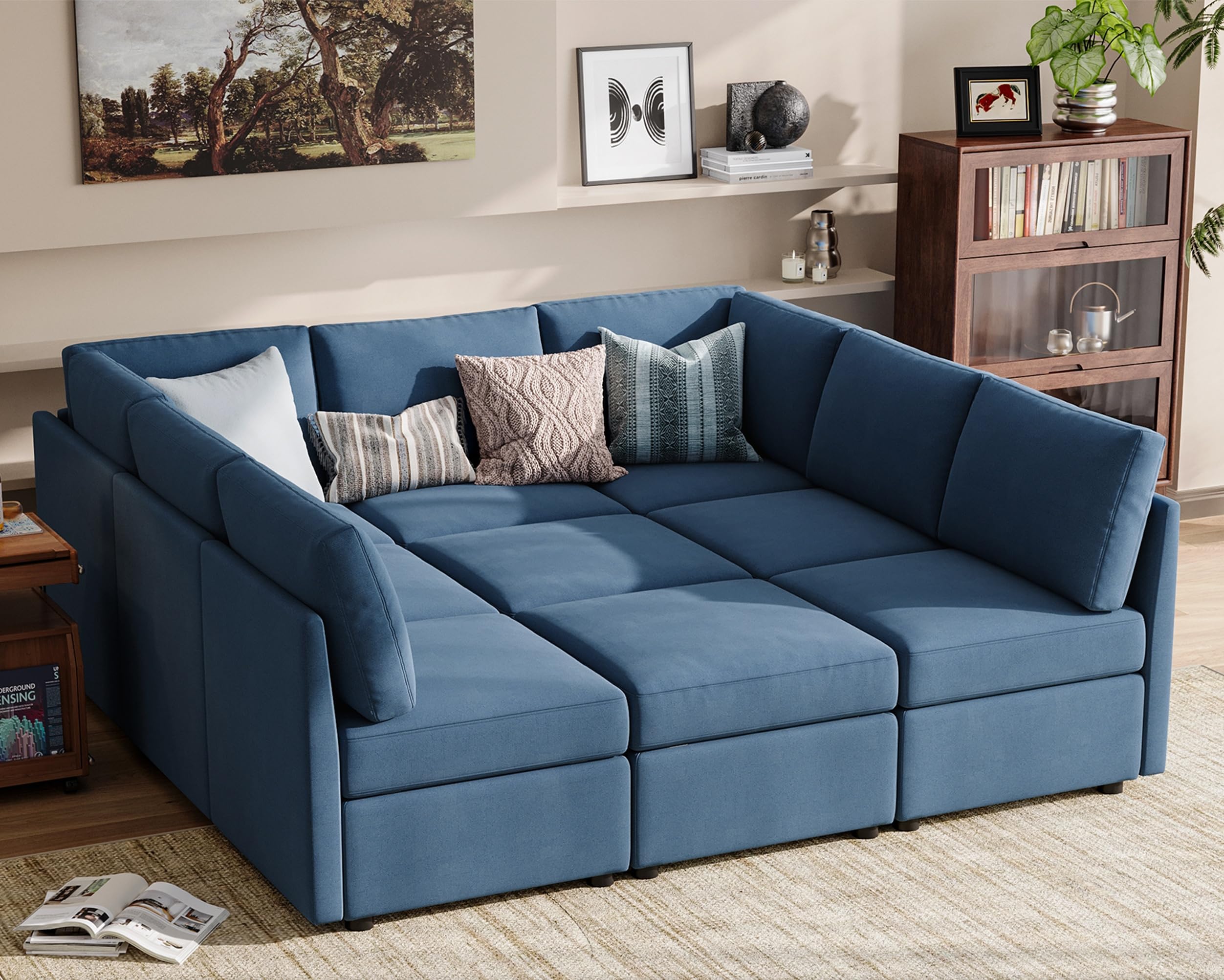 LINSY HOME Sectional Sleeper Sofa, Modular Couch with Memory Foam, Storage Under Each Seat, Sofa Covers Washable Changeable, 7-Seat Sectional Couch with 2 Ottomans, for Living Room, Grey