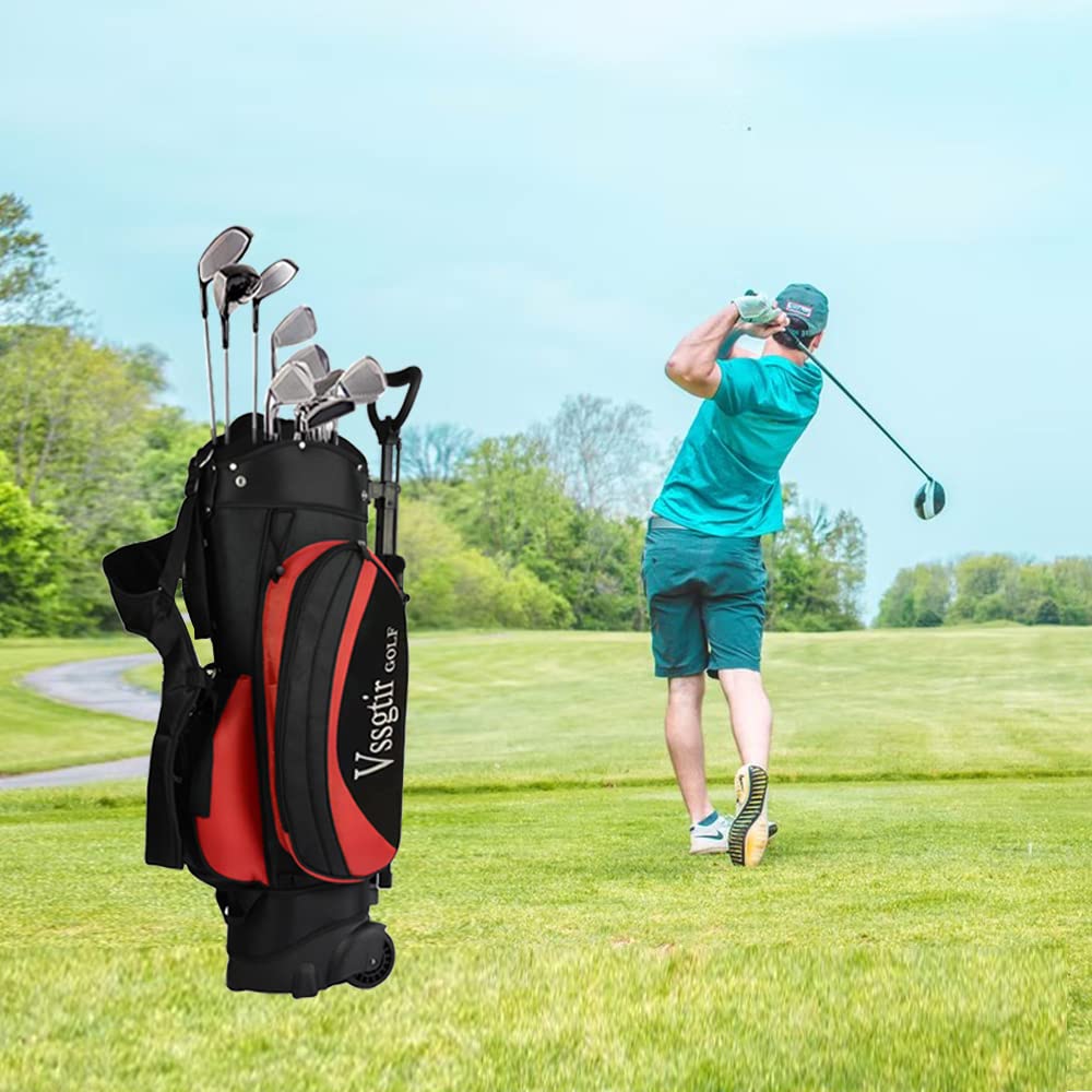Golf Stand Bag with Wheels, Retractable Bracket Golf Club Bag for Men, 6 Way Top Dividers with Dual Strap, Easy to Carry and Travel.