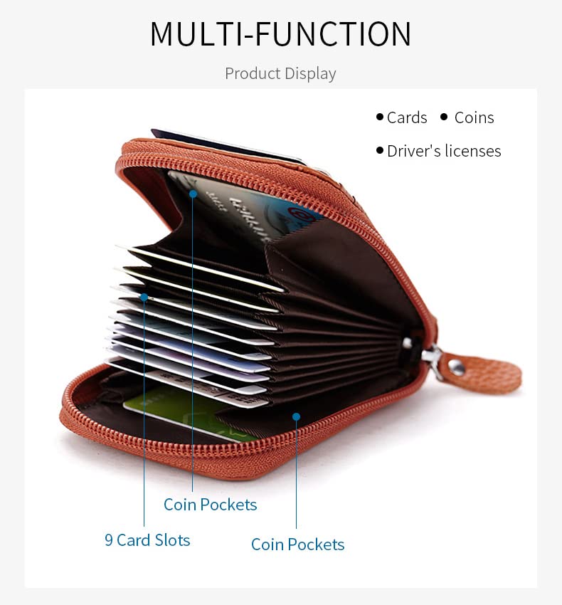 Genuine Leather Holder Zipper Credit Card Wallet RFID Organ Card Holder Purse Coin Wallet with ID Card Window (Khaki)