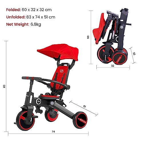 Newtronx Trixplorer-7 in 1 Foldable Toddler Tricycle Removable Push Handle, Rotatable Seat, Adjustable Canopy, Safety Harness, Storage, Basket-Tricycle for Toddlers for 1-5 Year Old (Red Heart)