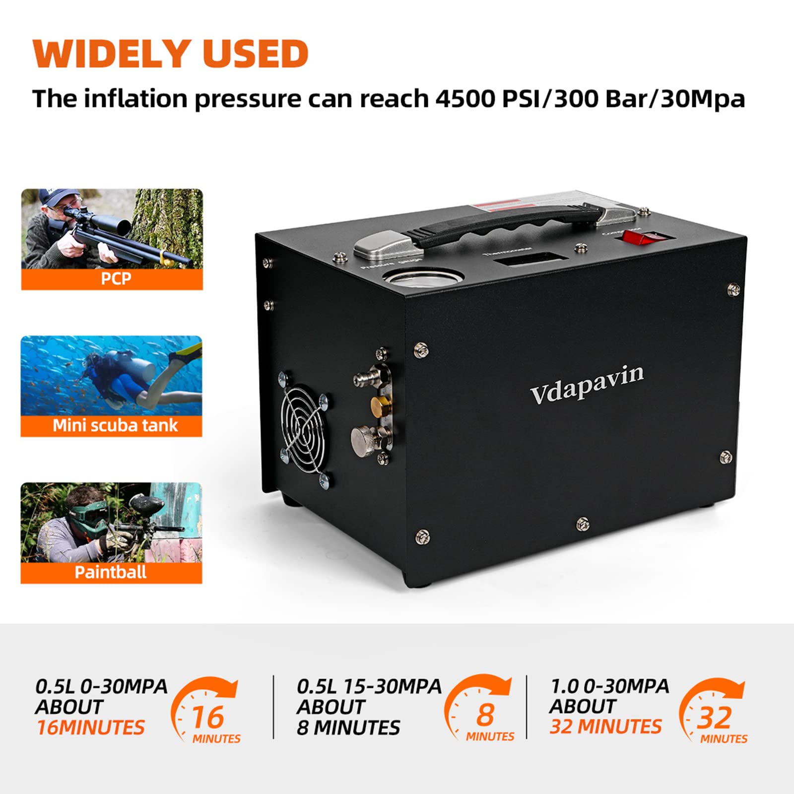 PCP Air Compressor,Built-in Power Converter,Oil/Water-Free, 4500Psi/30Mpa, 12V DC or Home 110V AC, for Paintball/PCP Air Rifle/Tank