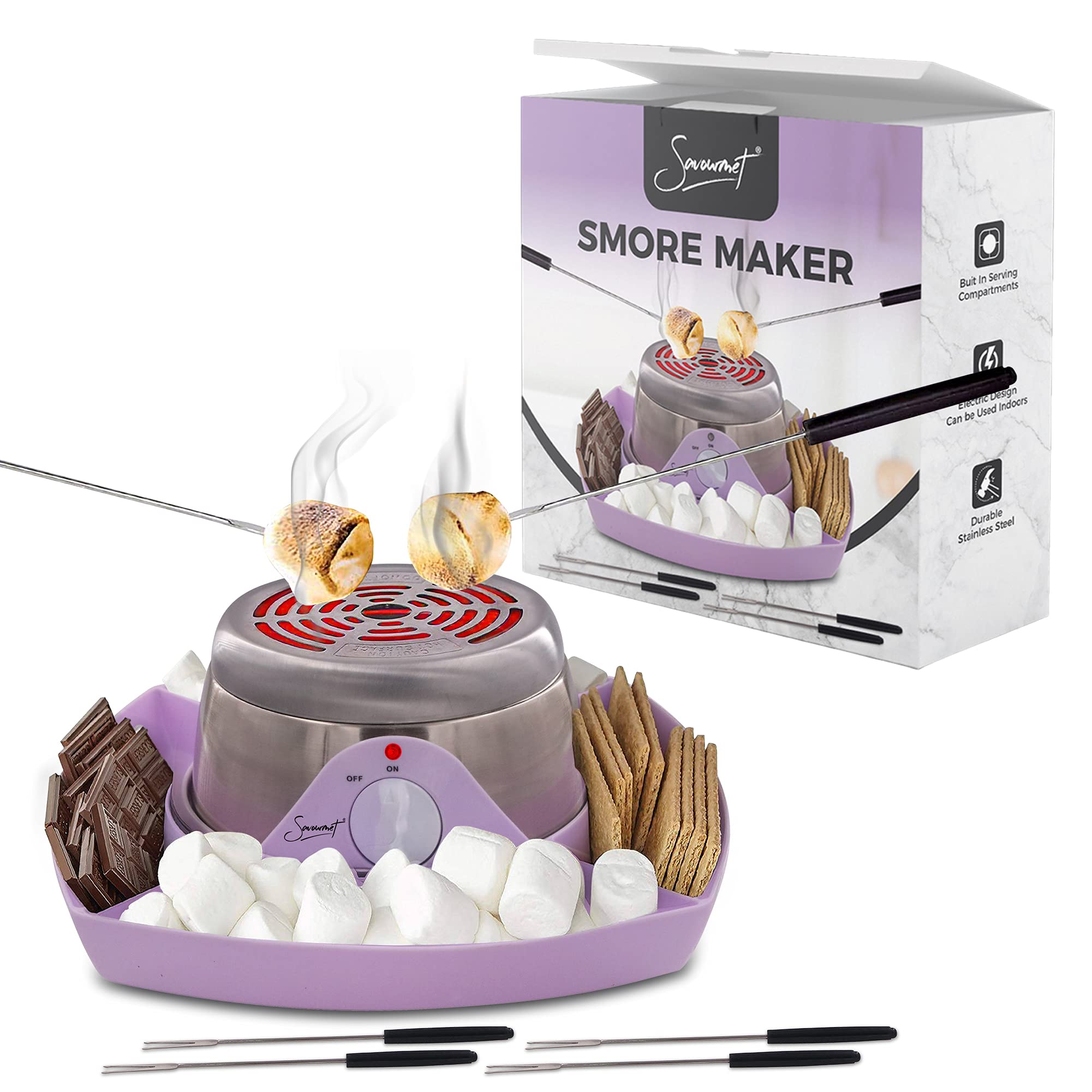 Flame less Smores Maker, Electric Stainless Steel Smores Maker Tabletop Indoor with 4 Roasting Forks and 4 Compartment Trays for Chocolate, Marshmallows and Graham Crackers
