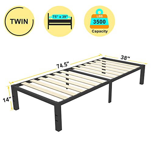 ROIL 14 inch Twin Size Bed Frames with Wide Wood Slats - 3500lbs Heavy Duty No Box Spring Needed Platform, Mattress Stoppers Single Metal Noise Free Bedframe with Headboard Hole Underneath Storage