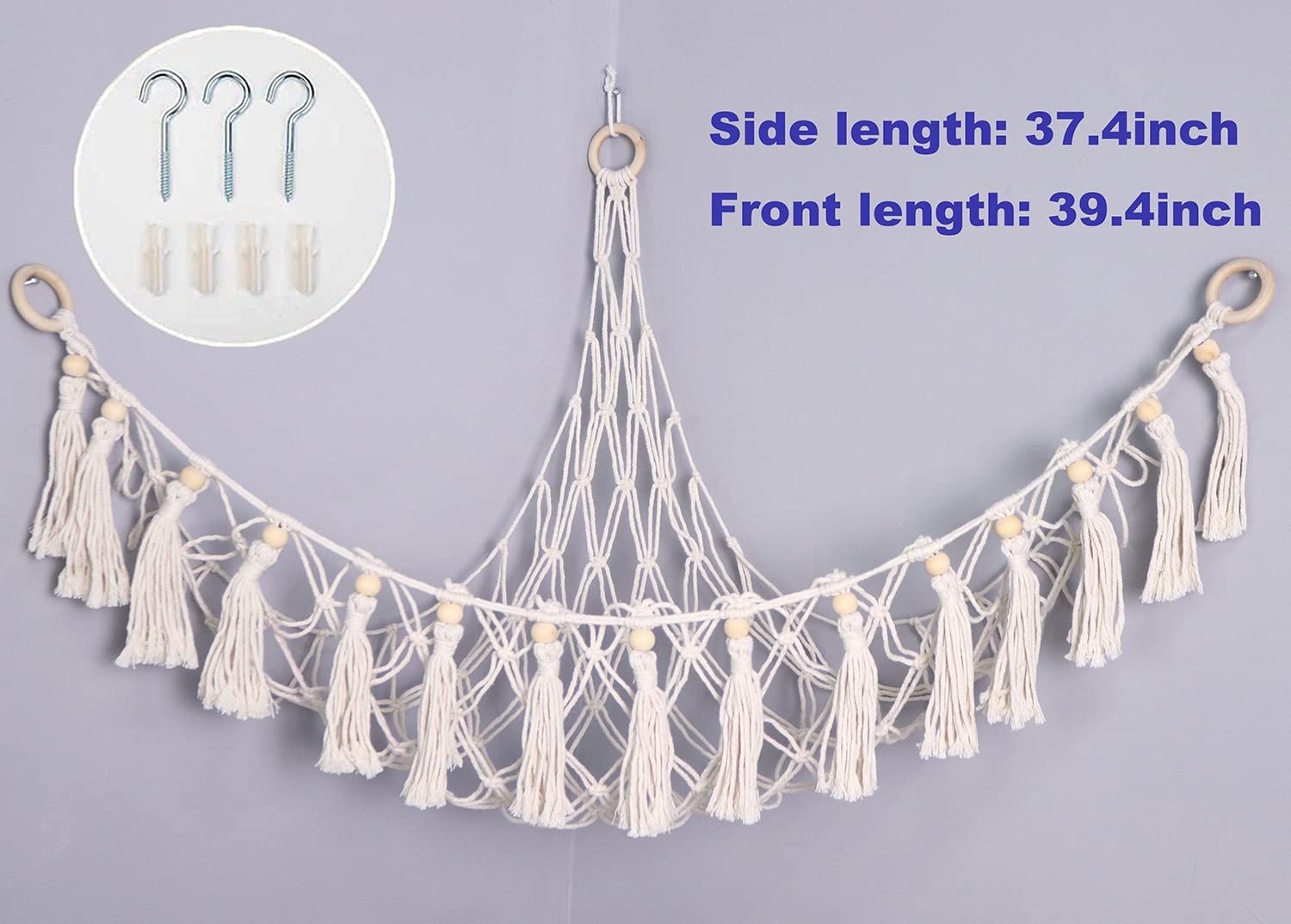 Treezea Stuffed Animal Hammock Macrame with Star Light- Boho Toy Hammock - Stuff Animal Organizer Corner Storage Hanging Fringe - Stuffed Animal Holder Net Tassels for Nursery Décor