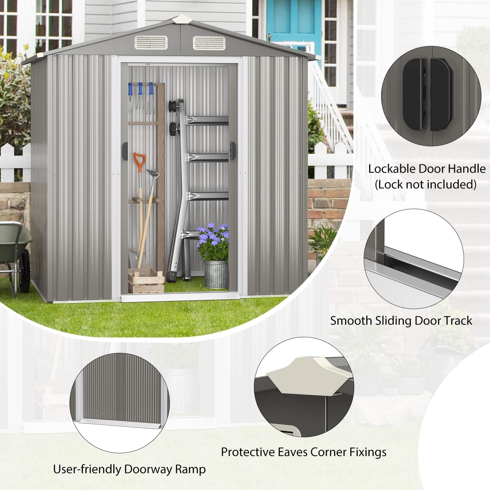 HAPPYGRILL 6' x 4' Outdoor Metal Storage Shed, Galvanized Steel Shed with Tilted Roof, Lockable Sliding Doors & 4 Air Vents, Utility Shed for Backyard Garden Patio Lawn
