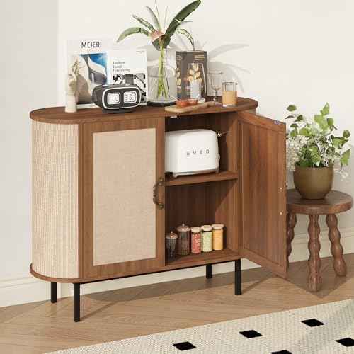 Janmer Home 39.4" Buffet Cabinet with Storage, Curved Storage Cabinet with 2 Doors, Boho Modern Accent Cabinet with Adjustable Shelves for Living Dining Room, Hallway, Entryway (39.4inch, Walnut)