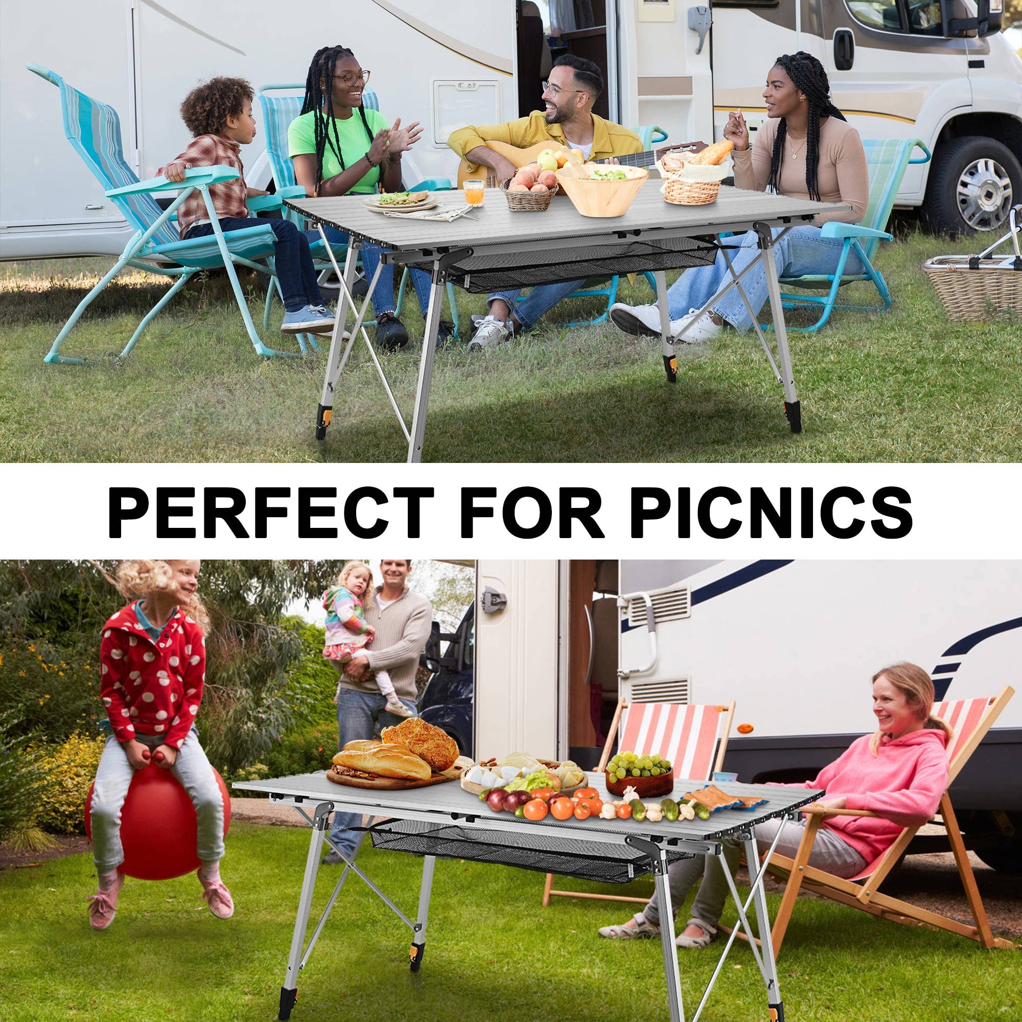 FiveJoy Folding Camping Table Outdoor Portable Picnic Camp Table with Aluminum Legs Adjustable Height Roll Up Table with Mesh Layer for Picnic Beach Grill Backyard Kitchen