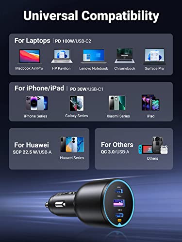 UGREEN 130W USB C Car Charger, PD 100W +PD 30W Type C Car Charger Adapter, Fast Charging Car Charger Compatible with Cell Phones, iPad, MacBook, and More (Comes with 100W USB C to USB C Cable)