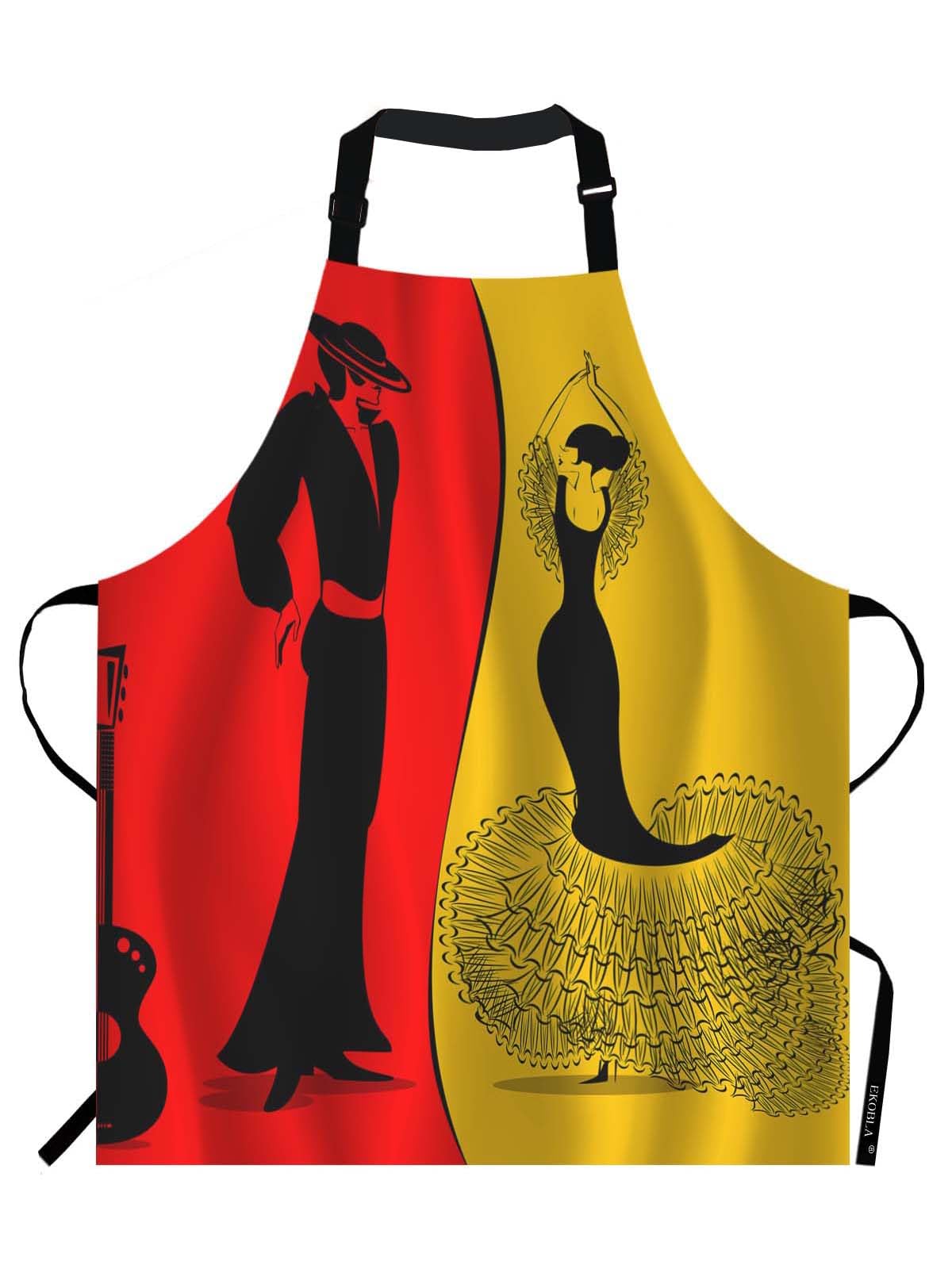 EKOBLA Flamenco Aprons Art Spanish Dancer Dress Lady Gentleman Silhouette Retro Style Waterproof Resistant Chef Cooking Kitchen BBQ Adjustable Aprons for Women Men 27x31 Inch
