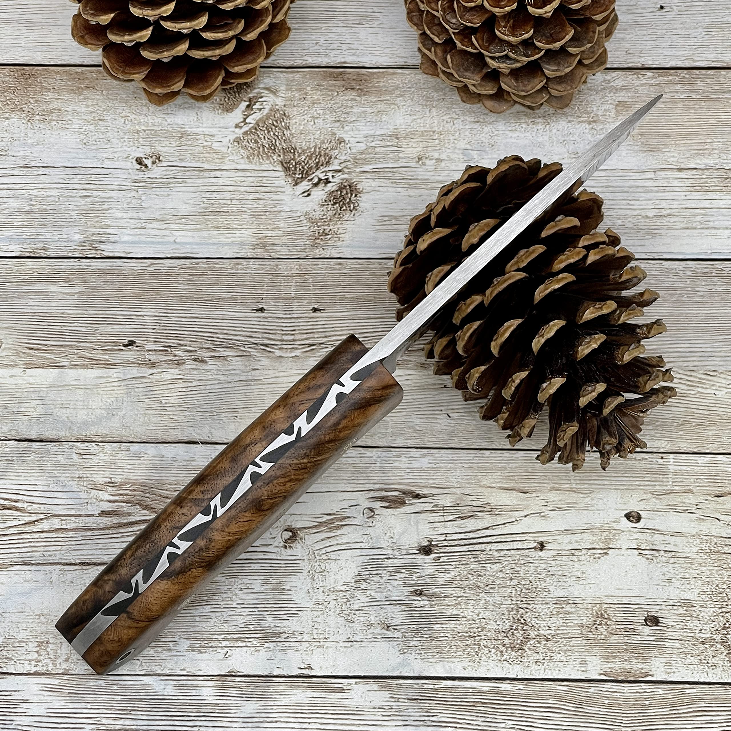 Handmade Fixed Blade Outdoor Knife with Sheath β Hunting, Bushcraft, Self Defense Bowie Knife β Tracker Knife with Wooden Handle & N690 German Bohler Steel Blade β Leather Sheath & Flint Rod Included