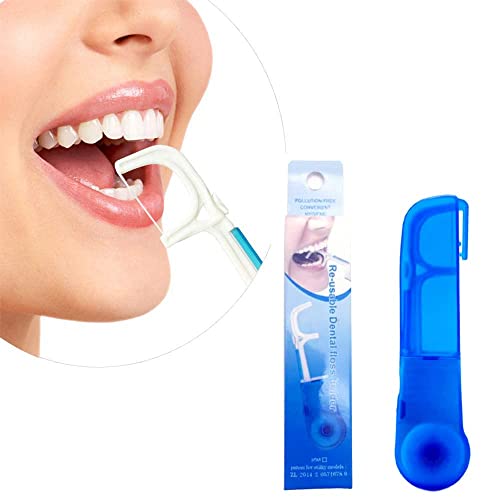 Koouood Re-usable Dental Floss Holder,Reusable, 30 Meters Long Dental Floss, Easy to Carry, Blue, 4.33x0.63x1.1 Inch