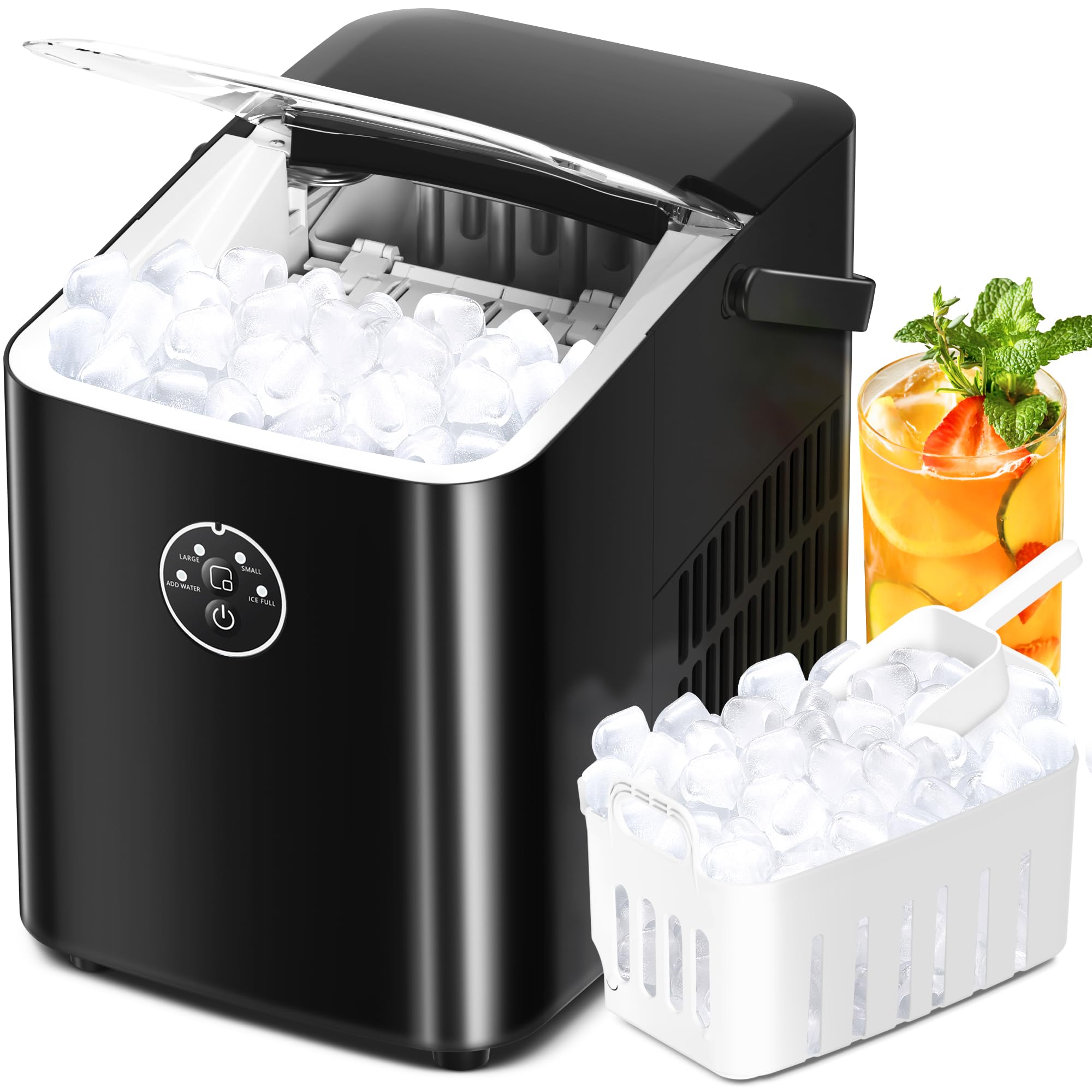 ZAFRO Countertop Ice Makers,Ice Maker Machine 8 Bullet Ice of 2 Sizes in 9 Mins, 26.5lbs/24H, Portable Ice Maker Self-Cleaning,with Scoop,Handle and Basket,Black