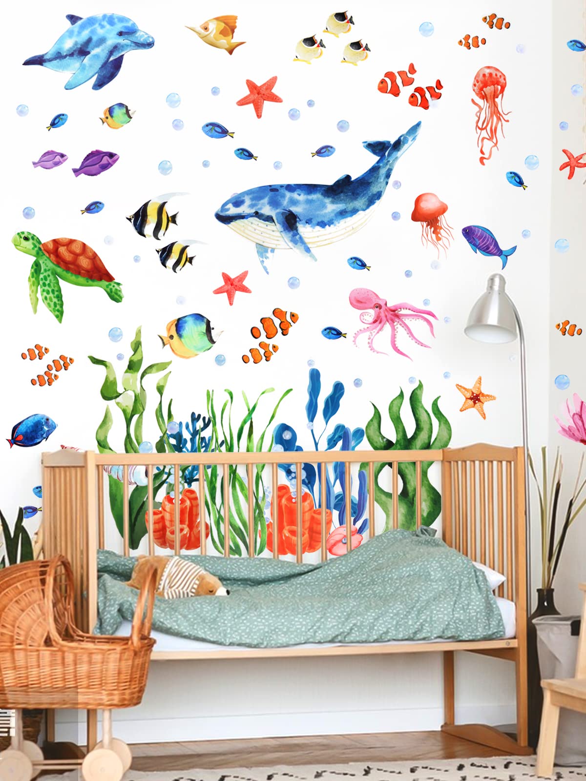 Kalolary Under The Sea Wall Decals Sea Turtle Whale Dolphin Starfish Wall Stickers 3D Coral Reef Ocean Grass Bubbles Wall Decals Wall Decoration for Wall Corner Nursery Room Children Bedroom Bathroom
