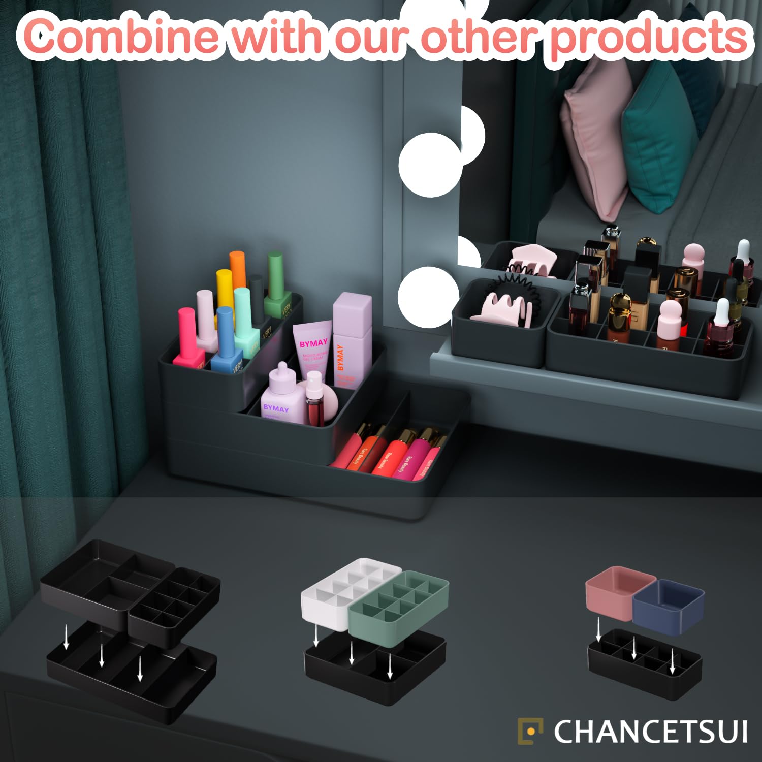 Stackable Drawer Organizer, 3 PCS Versatile Bathroom and Vanity Drawer Organizers Trays Makeup Organization and Storage Set for Lipstick, Lip Gloss, Nail Polish, Cosmetics, Skincare, Jewelry, Black