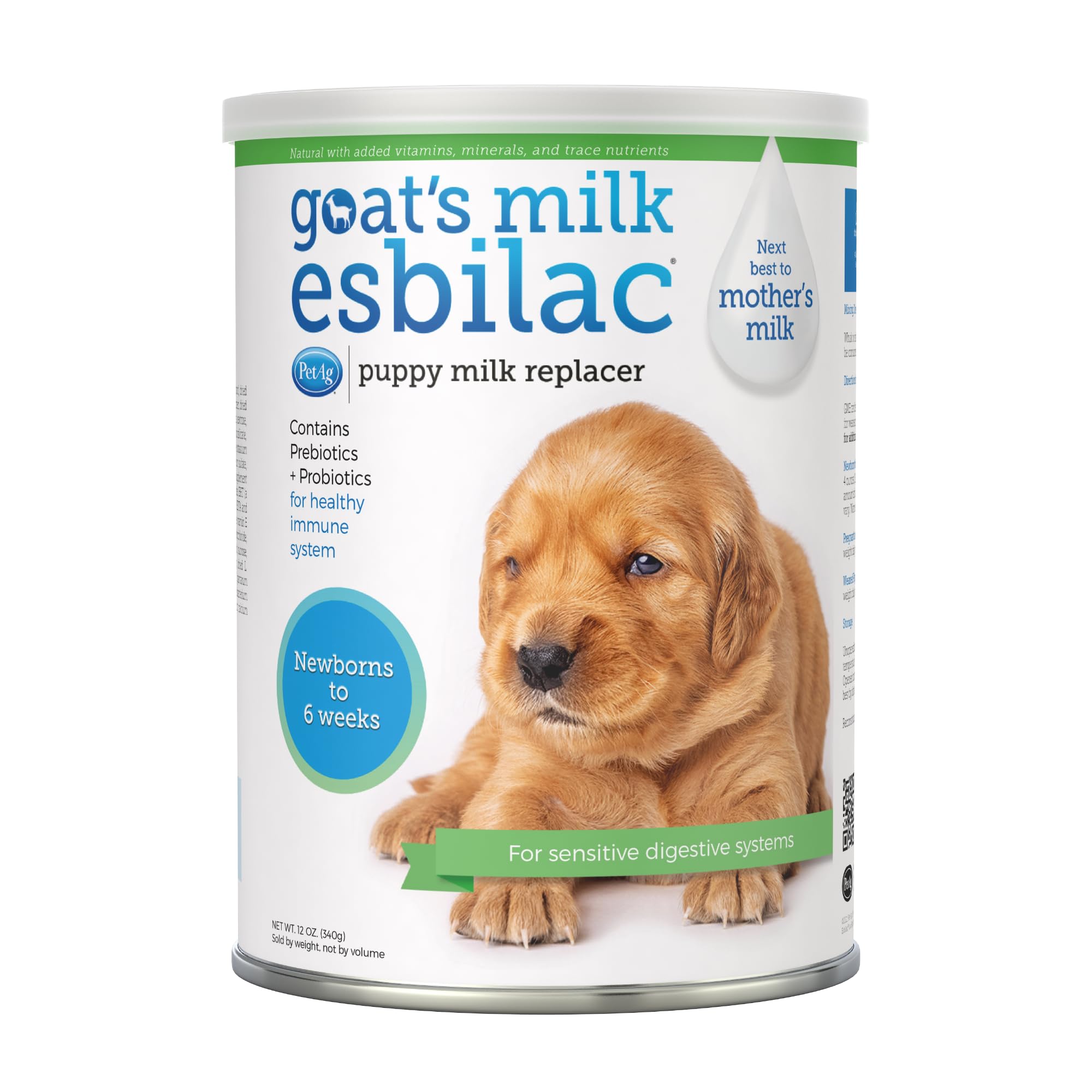 Pet-Ag Goatās Milk Esbilac Powder - 12 oz - Powdered Puppy Formula with Prebiotics, Probiotics & Vitamins for Puppies Newborn to Six Weeks Old - For Sensitive Digestive Systems