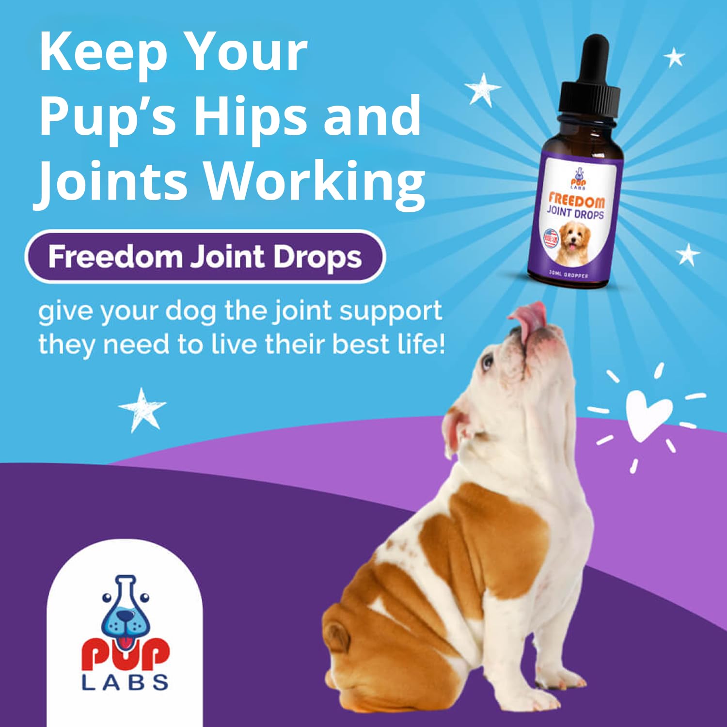 Pup Labs Freedom Joint Drops - Dog Joint Support Supplement with Human-Grade Ingredients - No Fillers, Preservatives, Additives, or Artificial Ingredients, 30 ml Dropper
