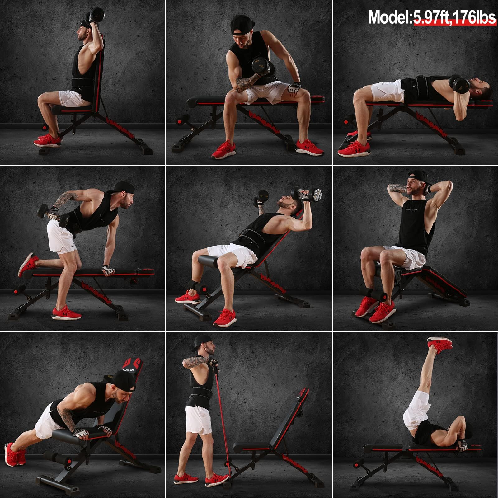 Elseluck Weight Bench, Adjustable Workout Bench for Home Gym, Foldable Strength Training Bench Press for Full Body with Resistance Rope
