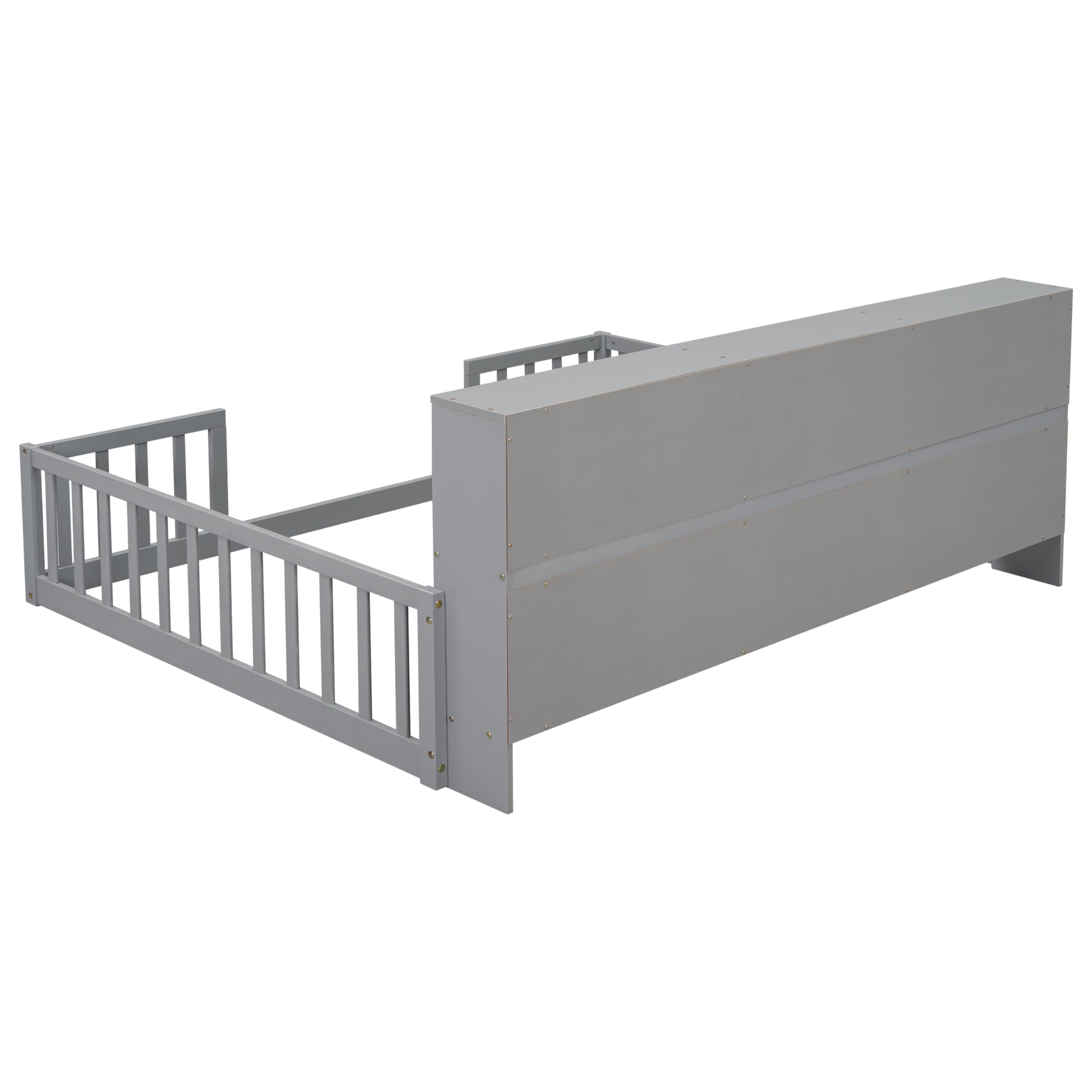 Harper & Bright Designs Full Size Floor Bed with Bedside Bookcase, Shelves, Guardrails, Wood Montessori Bed with Storage, Grey