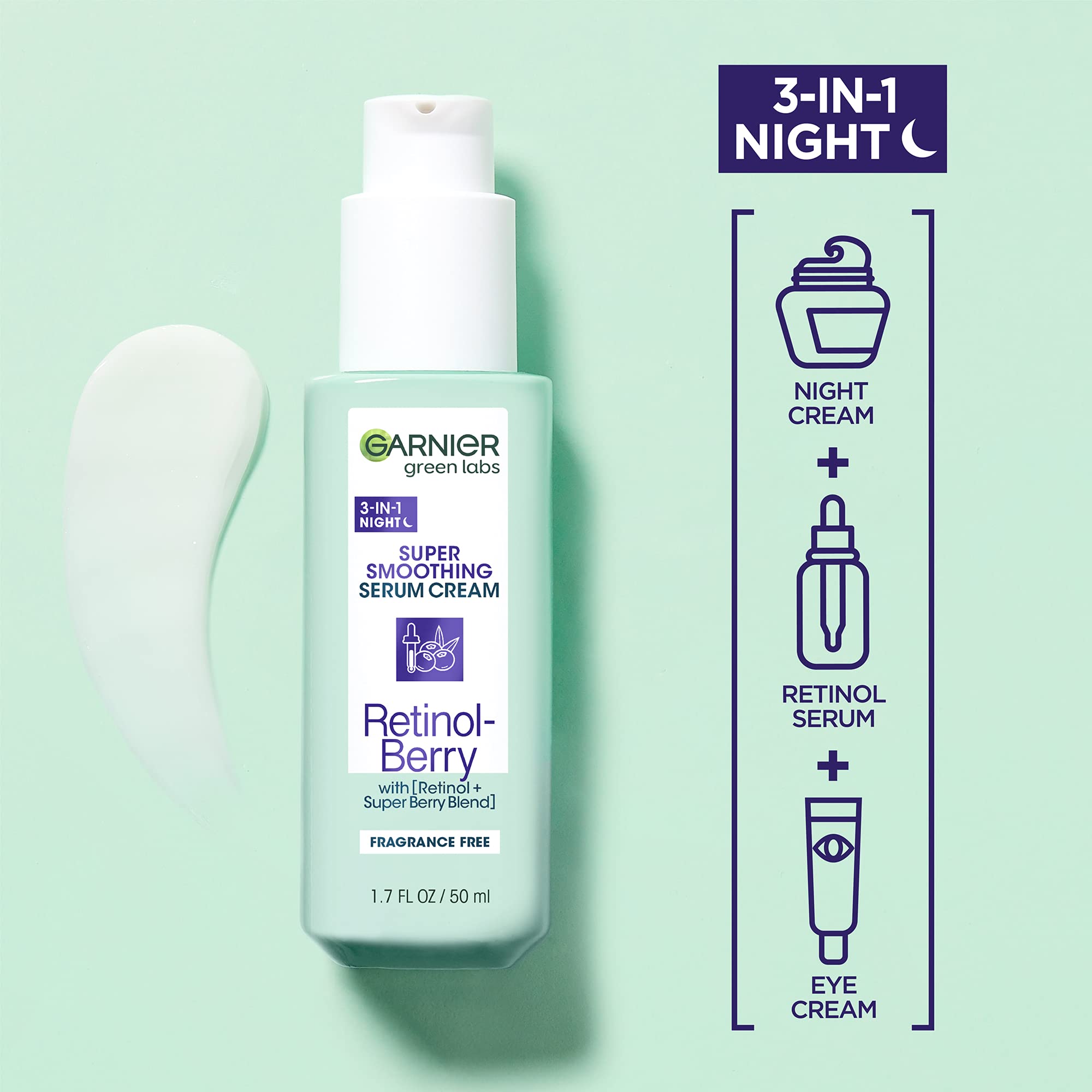 Garnier Green Labs Retinol-Berry Super Smoothing Night Serum Cream Moisturizer, 3-in-1 Retinol Serum, Night Cream, Eye Cream, 1 kit