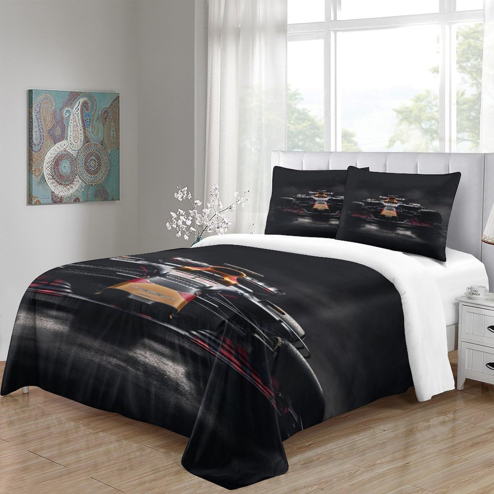 NOLLAM Formula-Racing Racing Breathable Comforter Cover Hidden Zipper Contests Duvet Cover Set with Pillowcases Bedding Set Soft Microfiber Quilt Cover Set for Various Sizes Queens(228x228cm)