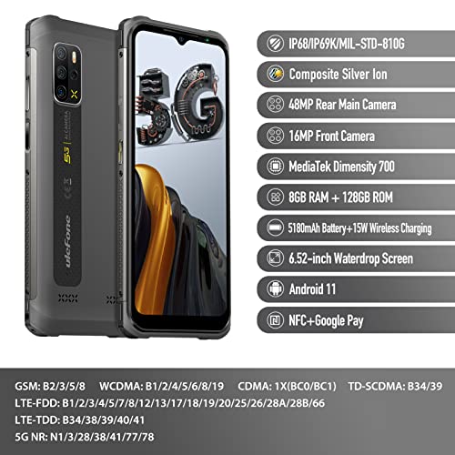 Ulefone Armor 12 5G Rugged Unlocked Android Smartphone, 8GB+128GB, 48MP Quad Rear Camera, IP68/IP69K, 5180mAh, 6.52β HD+, Dual SIM Dual 5G, Compass, GPS, Fingerprint, Rugged Cell Phone (Grey)