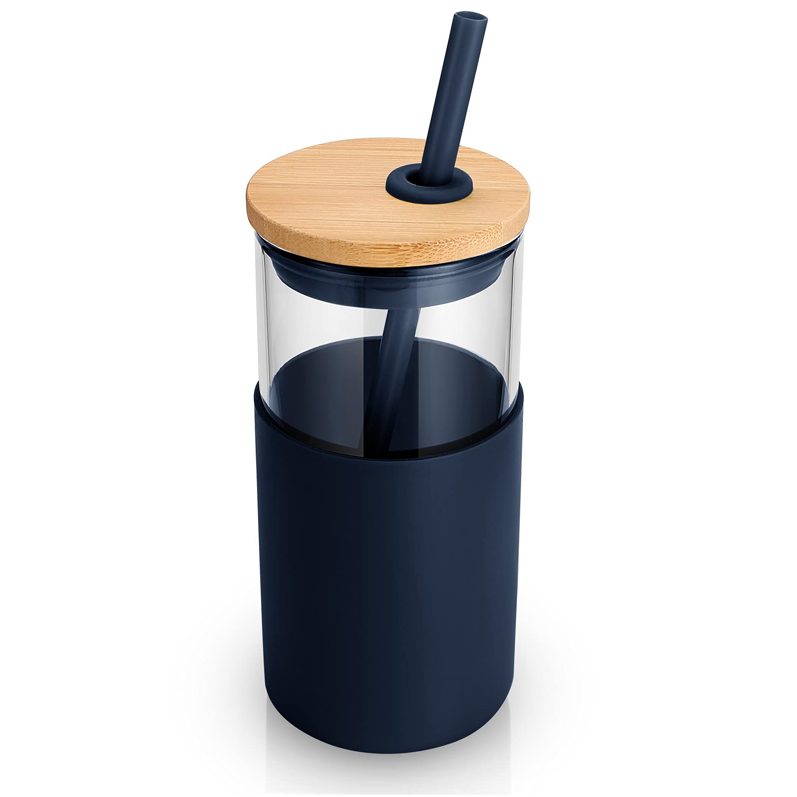 Tronco 16 oz Glass Tumbler with Straw and Bamboo Lid, Iced Coffee Cup Reusable, Smoothie Cups, Tumbler with Silicone Protective Sleeve - BPA Free