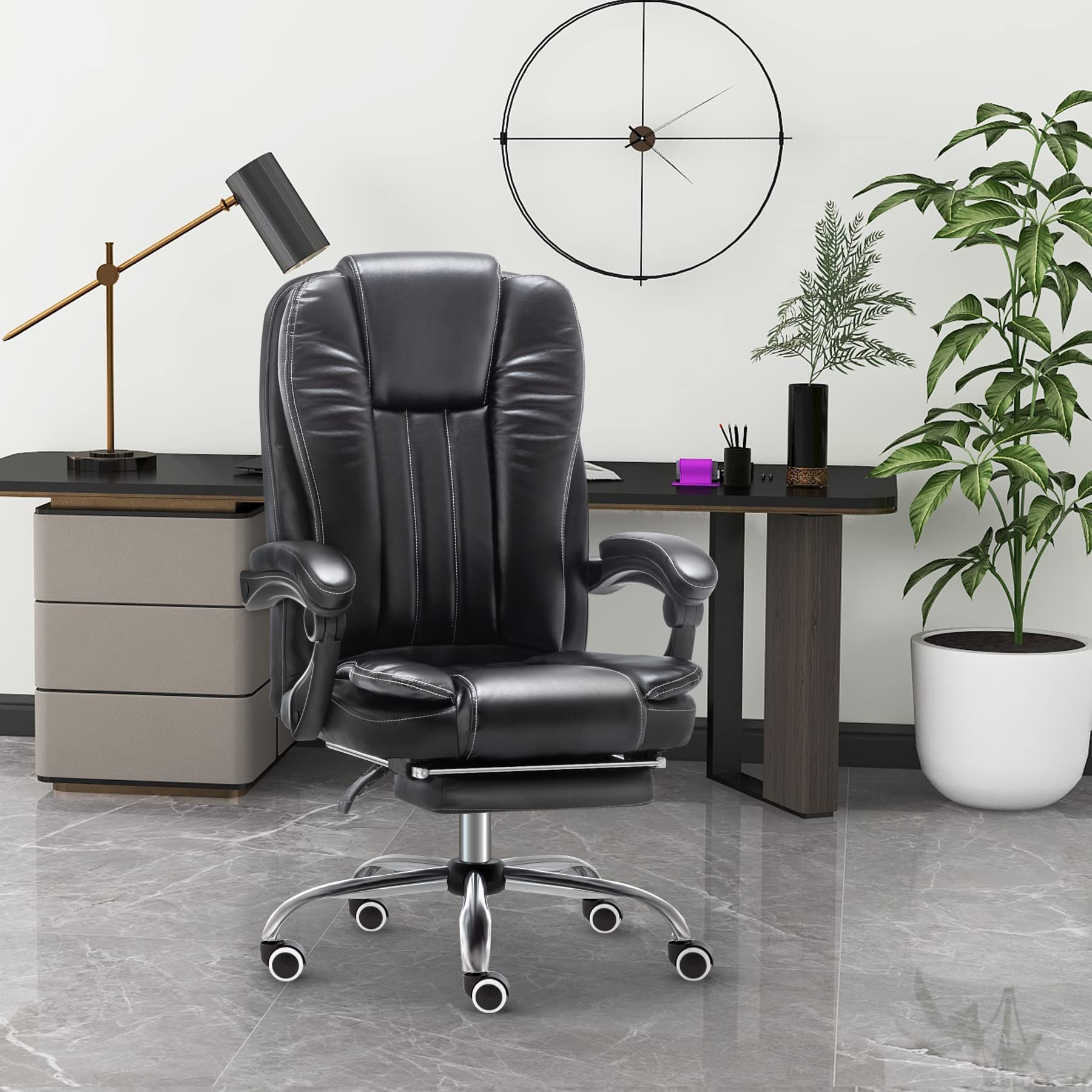 Erinnyees Executive Office Chair, PU Ergonomic Chair with Footrest and Linkage Armrests, 90°-155° Reclining Office Chair, 360° Swivel Computer Desk Chair with Back Support, Black