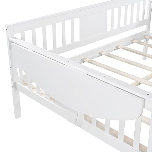 UBGO Full Daybed, Wood Size Sofa Bed with 2 Folding Tables, Children's Cot, Bedroom Living Room Furniture, Wooden Slat Support, Box Required, White C