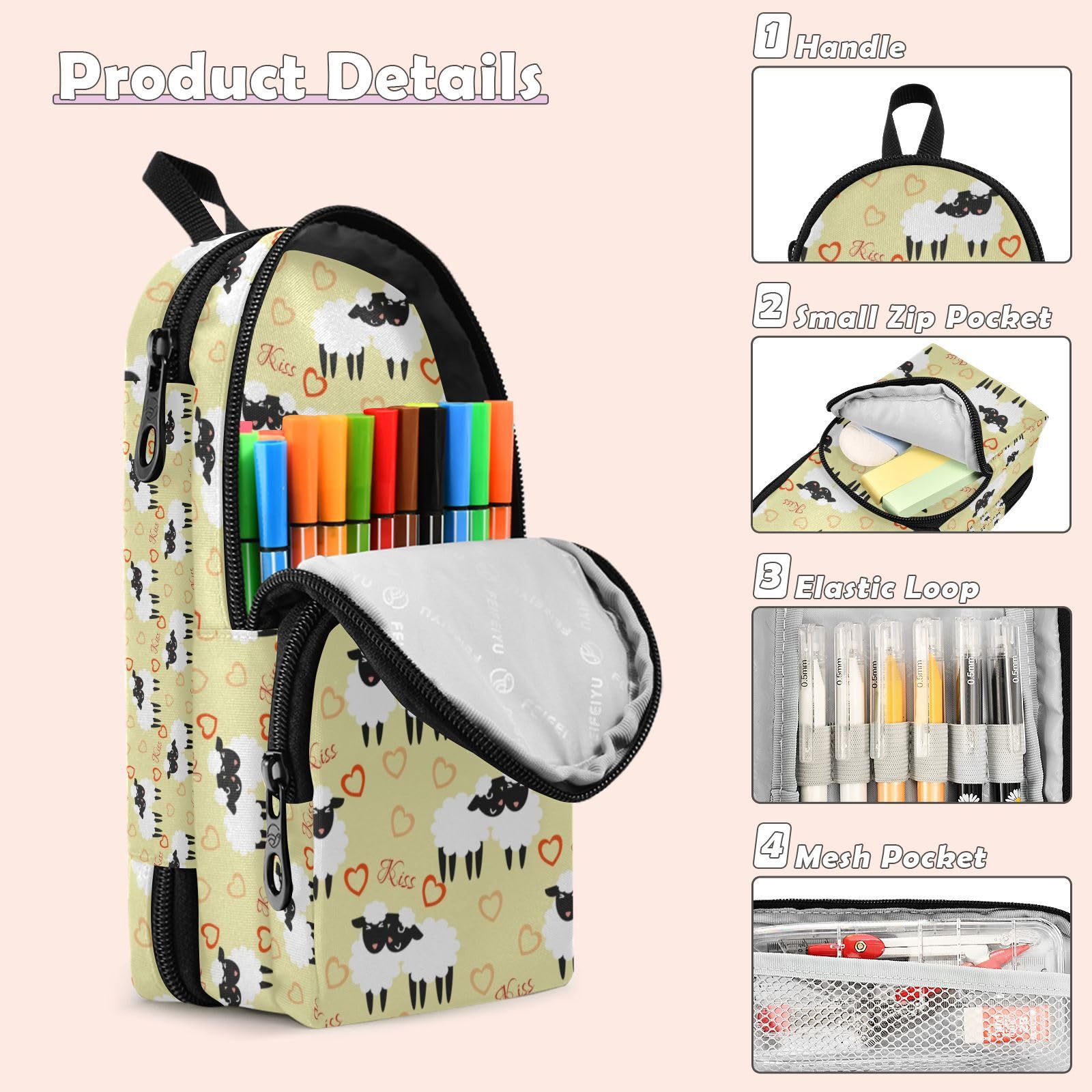 ZAZYXTJ Cute Sheep Standing Large Capacity Pencil Case 3 Compartment Pen Pouch Storage Makeup Bag for School Office Teen Girl Boy Men Women