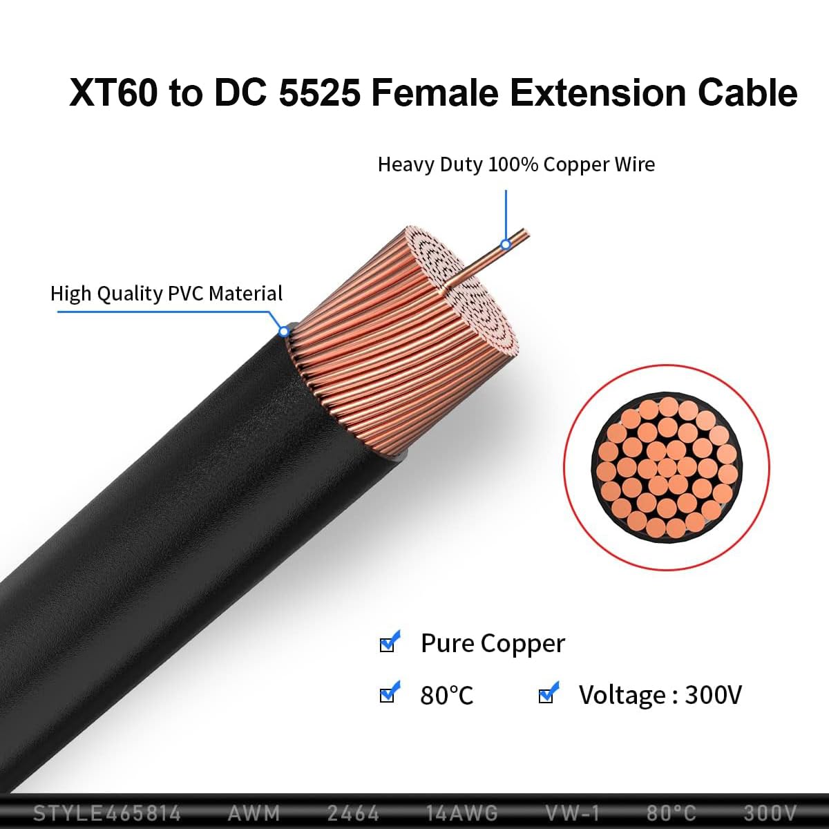 ELFCULB XT60 to DC 8mm Adapter Cable,14AWG XT60 Female to DC 7909 Female Solar Panel Cable Compatible for Portable Power Station Solar Generator and Solar Panel(5FT)