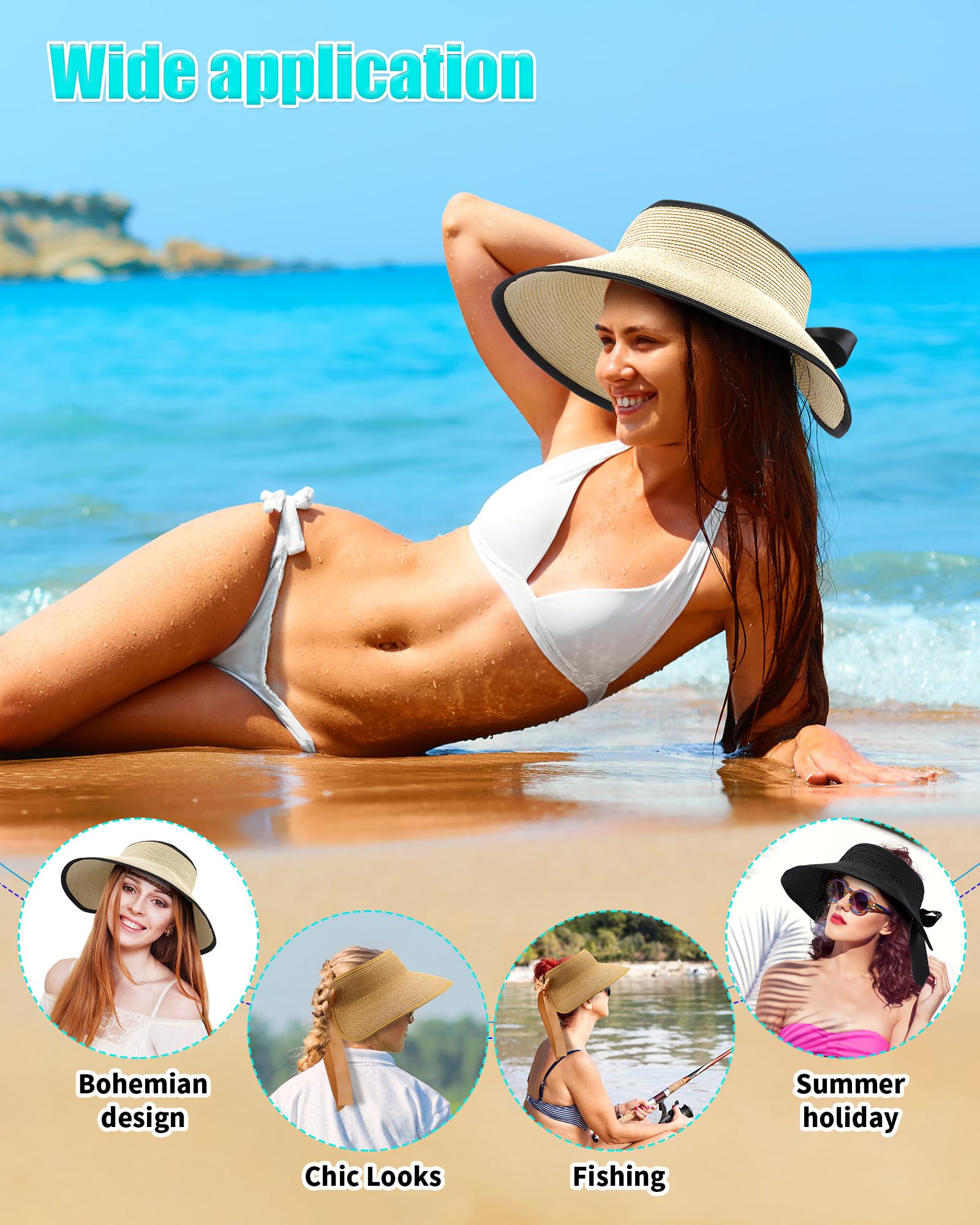 JaGely 3 Pieces Foldable Straw Sun Visors Hats Wide Brim Ponytail Summer Beach Hat Sun Protection Wide Brim Sun Hats Adjustable Beach Hat for Women