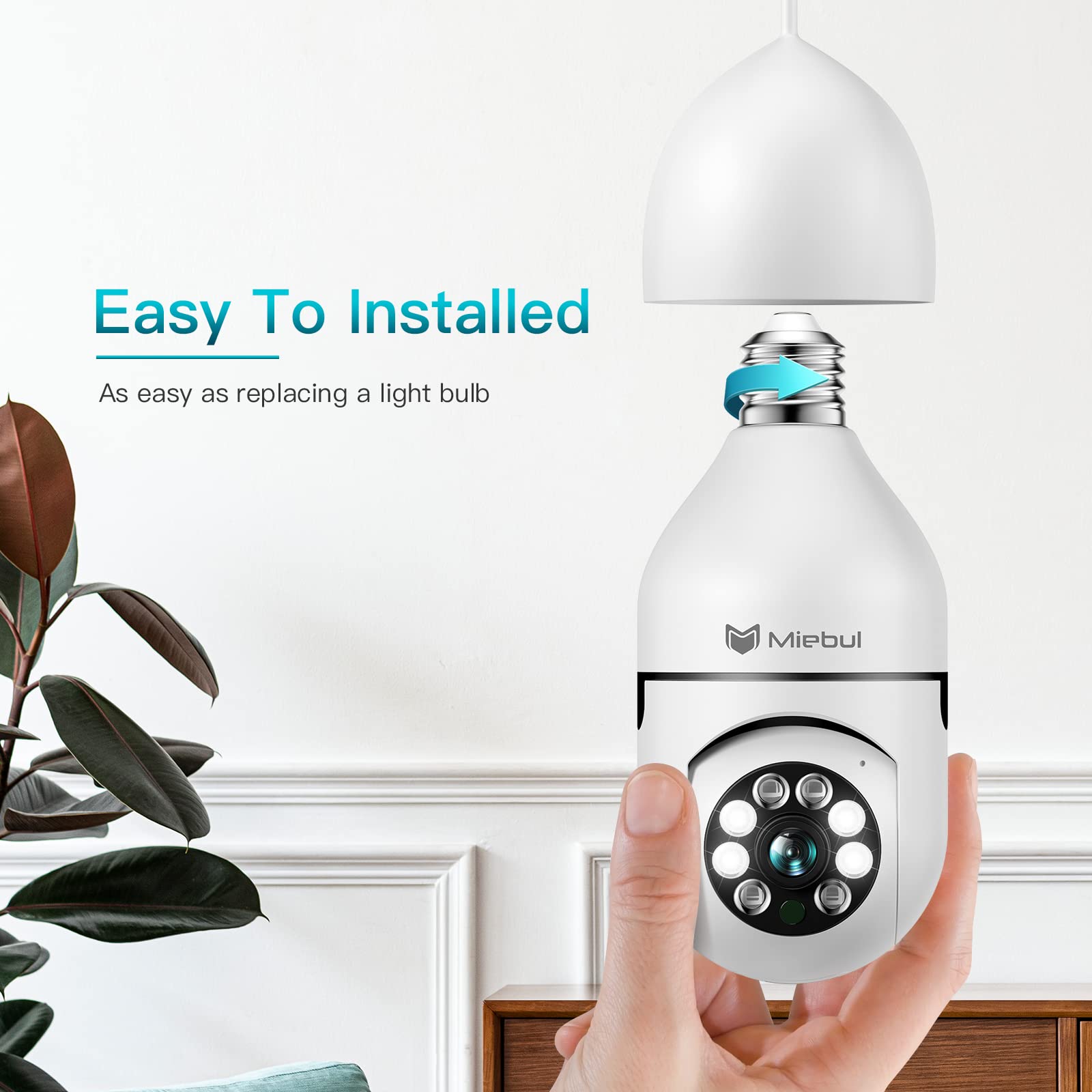 Miebul Light Bulb Camera, 2.4GHz WiFi Wireless Security Dome Camera, 1080P 355 Degree Security Surveillance Lightbulb Camera with Motion Detection Alarm Two Way Talk Night Vision Indoor