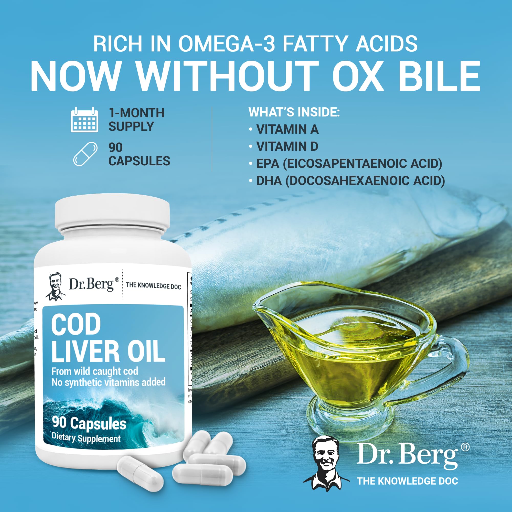Dr. Berg Cod Liver Oil Capsules - NEW FORMULA without OxBile - Rich in Omega-3 Fatty Acids (DHA & EPA), Vitamins A & D - No Smells or Bad Aftertaste - 90 Capsules