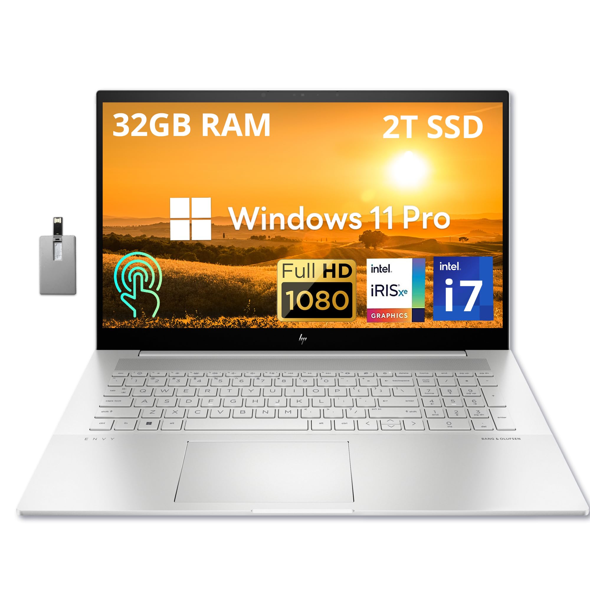 HP Envy 17.3” FHD Touchscreen Laptop, Intel i7-1260P, 64GB RAM, 2TB PCIe SSD, Band & Olufsen Audio, HD Webcam, Wi-Fi 6E, Bluetooth, Silver, Windows 11 Pro, 32GB USB Card