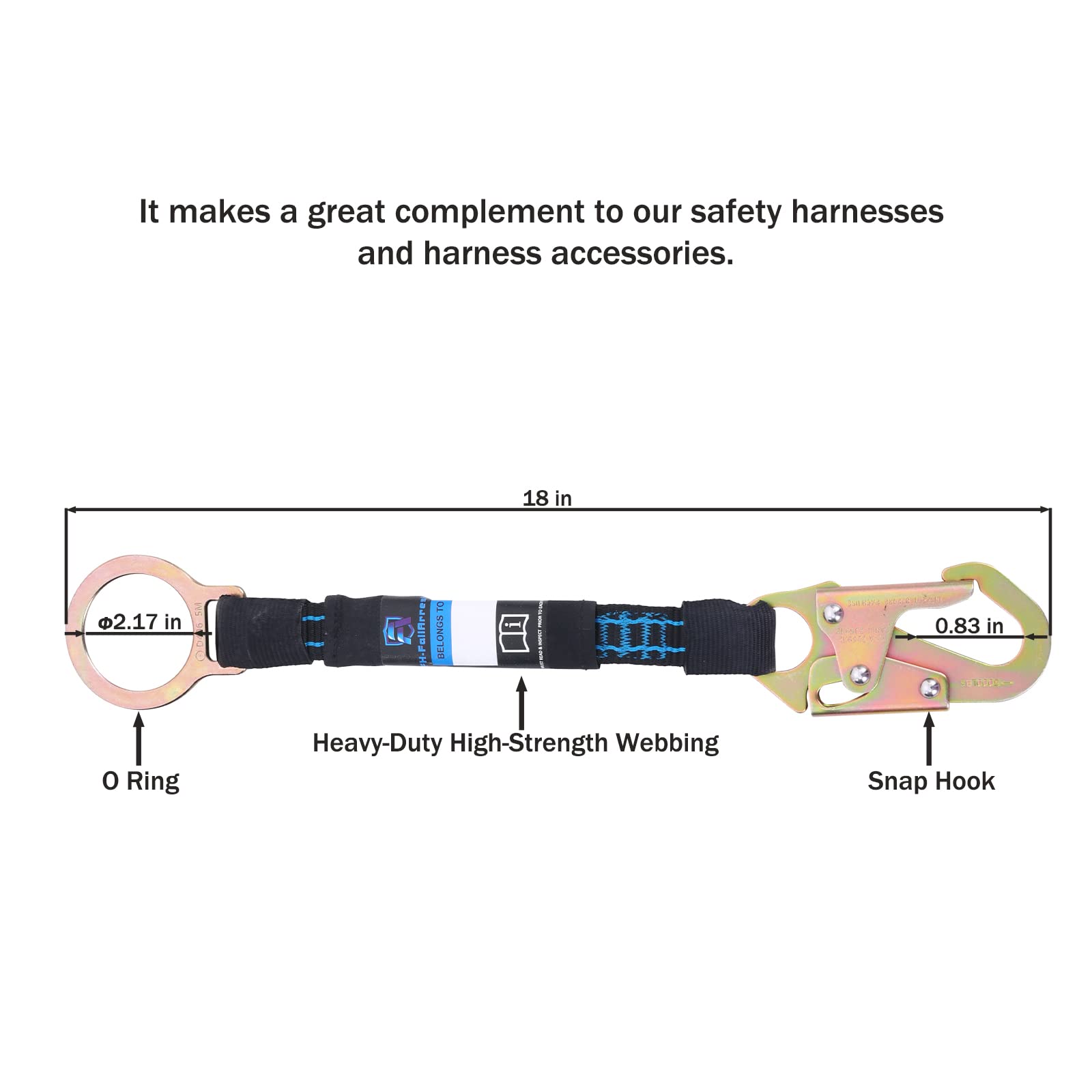 FHFallArrest 18 Inch D Ring Extender with Galvanized Steel Self Locking Snap Hook and O Ring,Heavy Duty Fall Protection Safety Harness Extension Lanyard,For Construction & Roofing, OSHA/ANSI Compliant