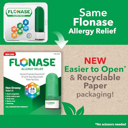 Flonase Allergy Relief Nasal Spray, 24 Hour Non Drowsy Allergy Medicine, Metered Nasal Spray - 144 Sprays- Fall and Seasonal Allergy Relief