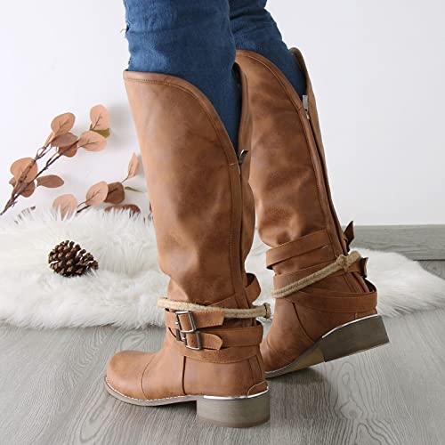 FASDNENDYS Boots for Women Ankle Booties Womens Shoes Square Toe Belt Buckle Back Zipper Chunky Heel Short Mud Boots Brown