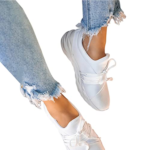 FASDNENDYS Breathable Mesh Running Shoes Women's Splicing Ladies Fabric Sport Women's 7 Inch Platform Boots White