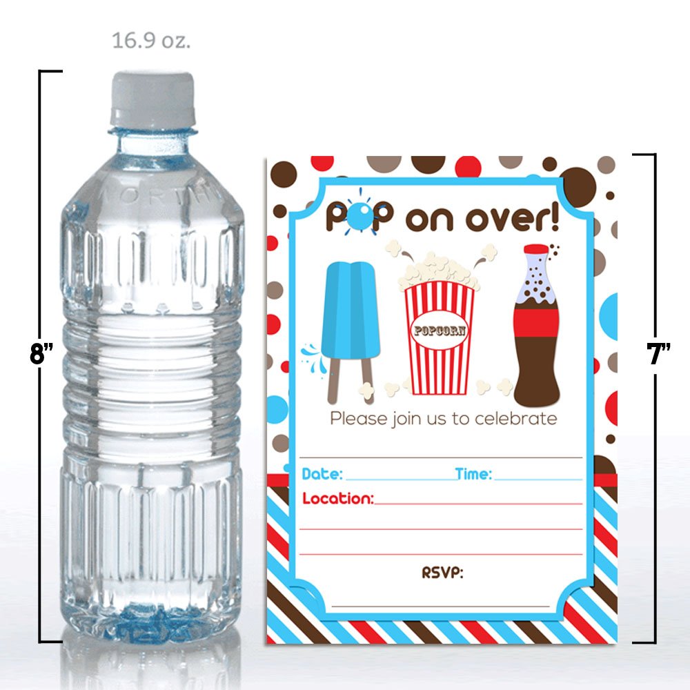 Pop On Over Soda and Popcorn Birthday Party Invitations, 20 5x7 Fill In Cards with Twenty White Envelopes by AmandaCreation