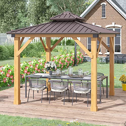 Outsunny 10' x 10' Hardtop Gazebo with Galvanized Steel Double Roof, Wooden Frame, Permanent Pavilion with Ceiling Light Hook, for Garden, Patio, Backyard