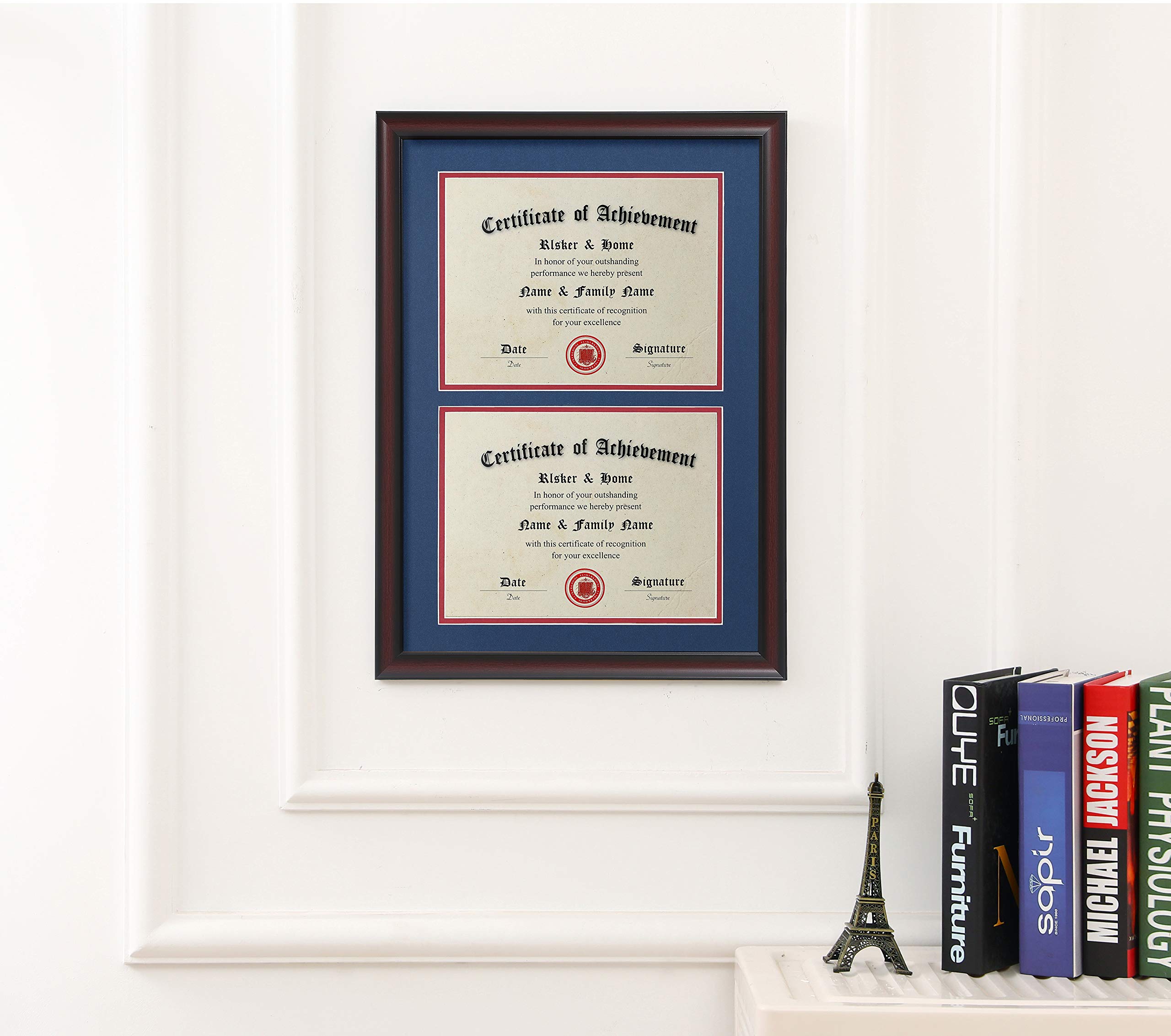 ELSKER&HOME Double Certificate Frame-Cherry Wood Color - 2.0mm Panels-Made for Document&Diploma for Two 8.5x11 Inch with Mat and 14x20 Inch Without Mat(Double Mat,Navy with Red Rim)