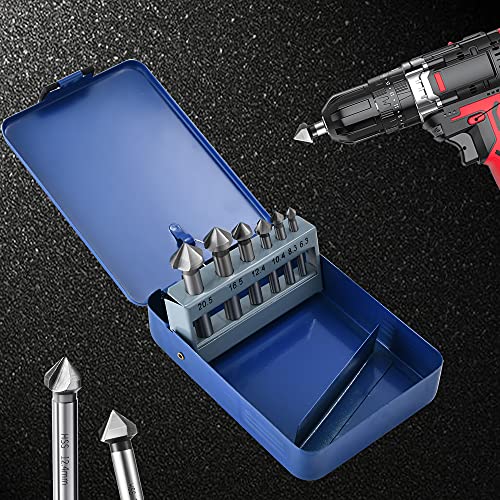 HUAZHICHUN Countersink Drill Bit Set 6 pcs High Speed Steel 3 Flute 85 Degree Steel Counter Sink for Wood and Metal in Sizes 1/2",1/3",1/4",2/3",2/5",4/5" Set