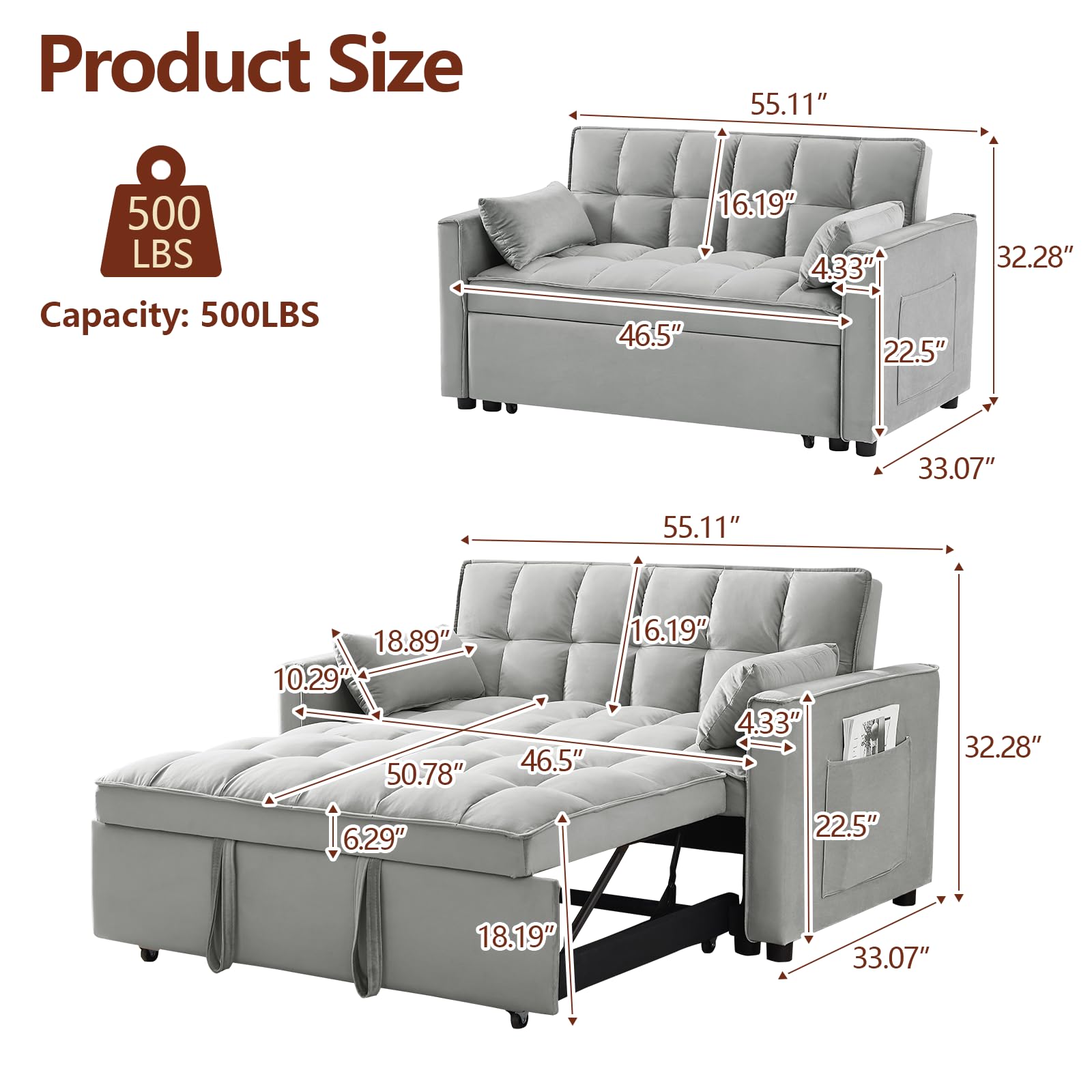 Nonlita Convertible Sofa Bed,3 in 1 Velvet Convertible Sleeper Sofa Bed,Lounge Sleeper Sofa with Pullout Bed,Small Love Seat Lounge Sofa w/Reclining Backrest,Toss Pillows, Pockets,for Living Room,Gray