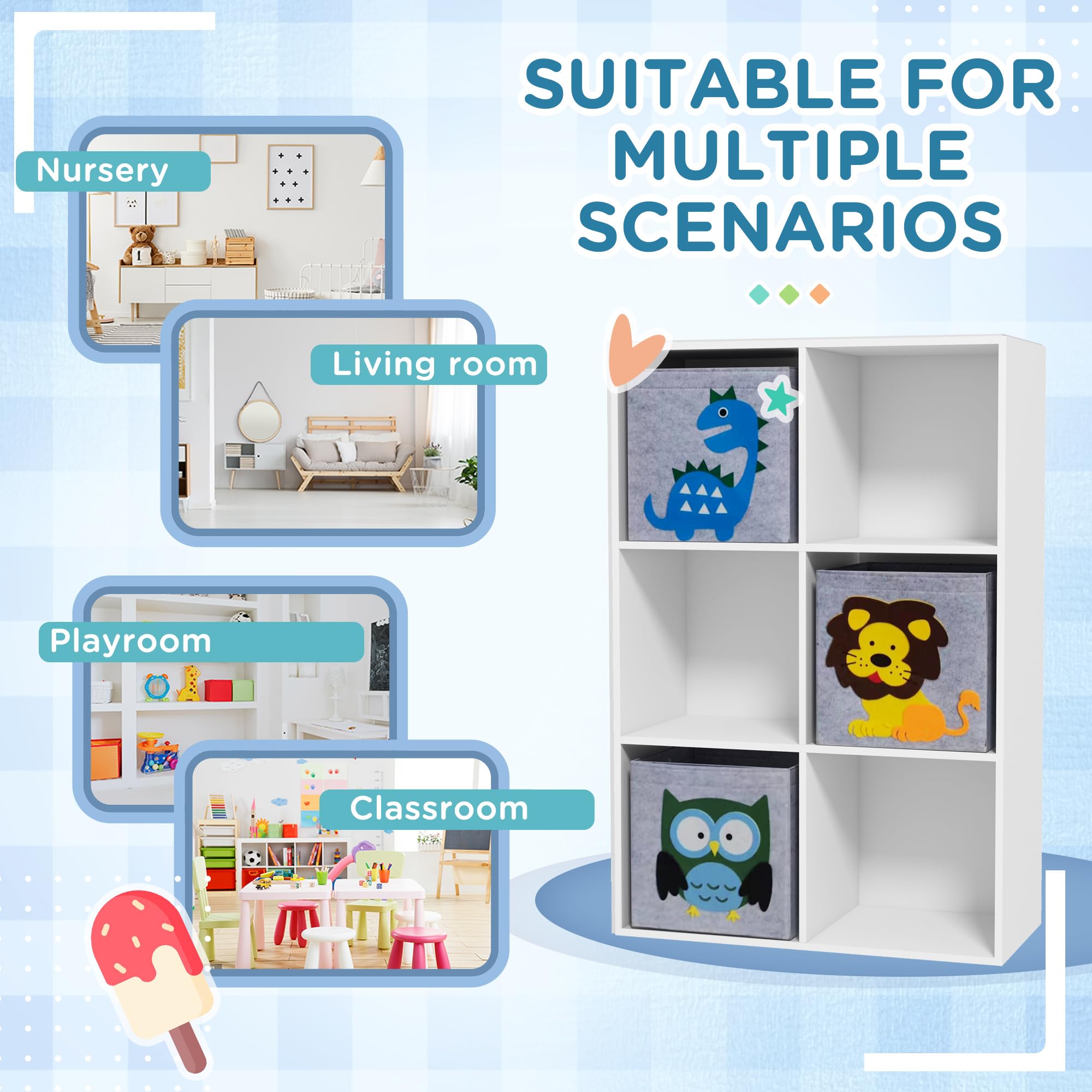 Qaba Children's Toy Organizer, Toy Storage with 3 Storage Bins and Cute Animal Design, Toy Shelf for Kids 3+ Years Old, White