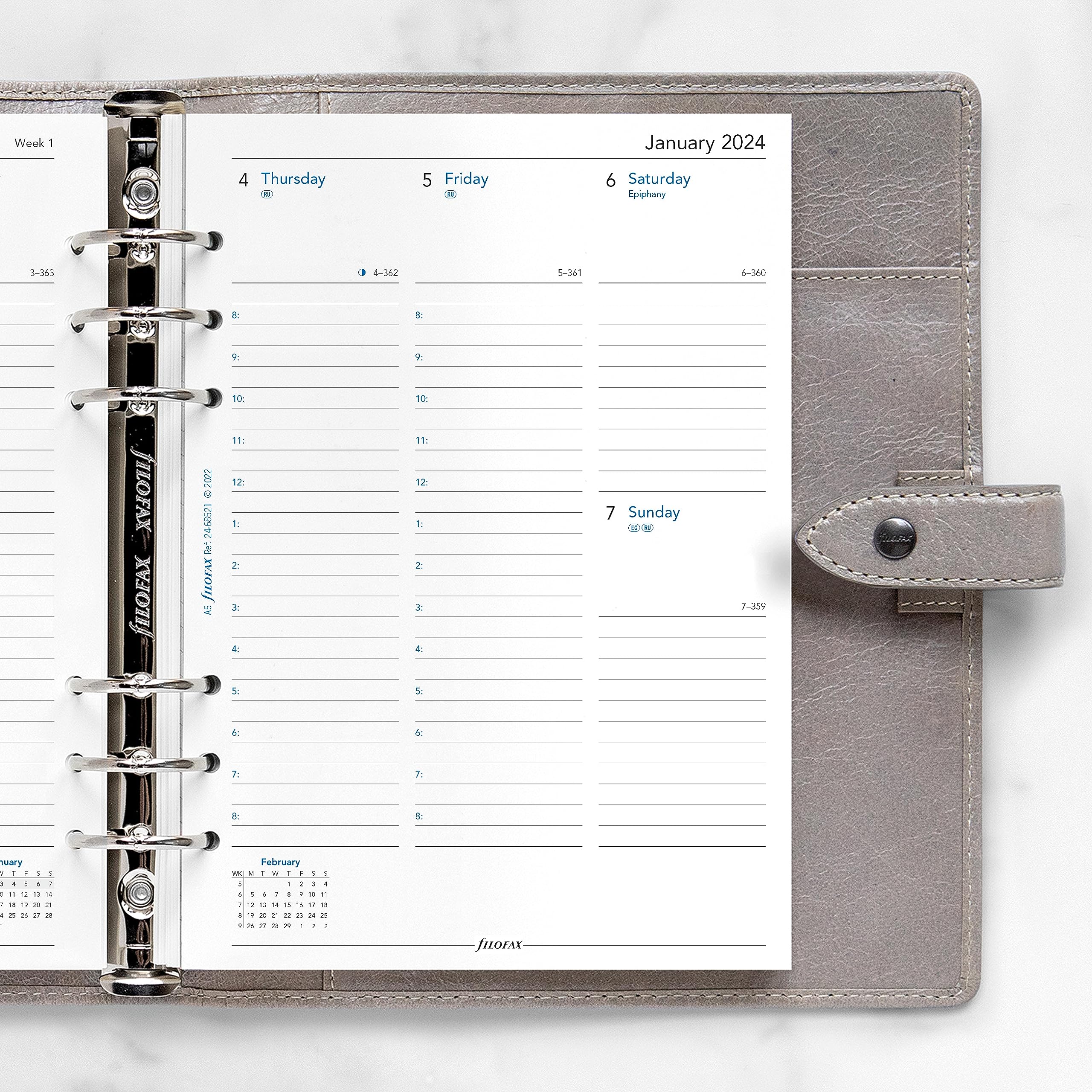 Filofax Calendar Diary Refill, A5 Size, Week-to-View with Appointments, Vertical, Multi-Fit, White Paper, English, 2024 (C68521M-24)