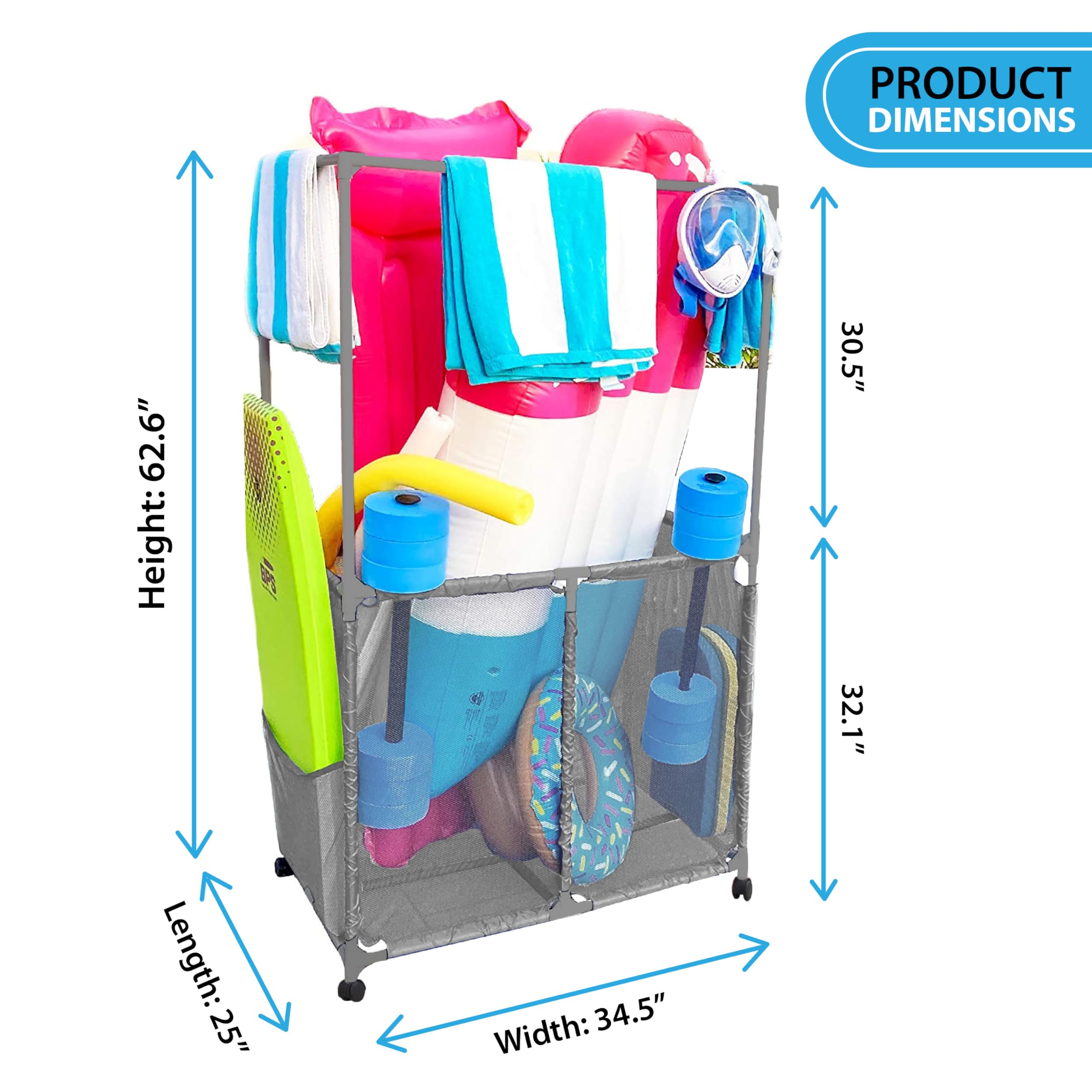 Pool Bins Pool Equipment Holder with Towel Drying Bars, Mesh Rolling Multi Use Storage Organizer Bin, Large Towel Hanger (25" L x 34.5" W x 62.6" H), Gray
