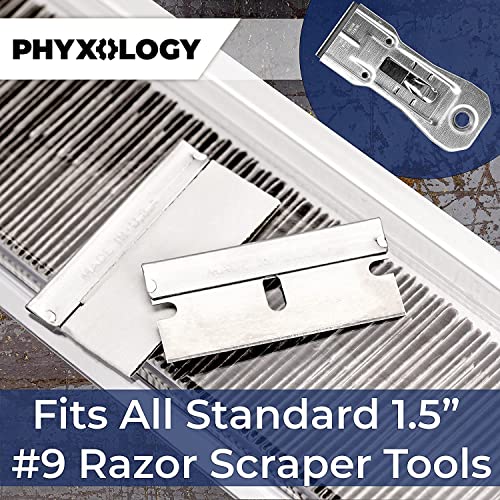 Ultra Sharp, USA-Made Steel Razor Scraper Blades Bulk 100 Pack by Phyxology Supply with Cardboard Carton Cutter Tool! Strong Single Edge 1.5 in Blade for Scrapers and Cutting Tools in a Safe Reclosable Box